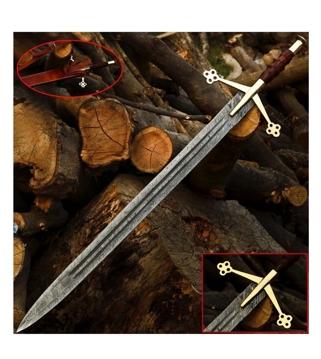 Custom Handmade Damascus Steel Scottish Claymore Sword With Leather ...