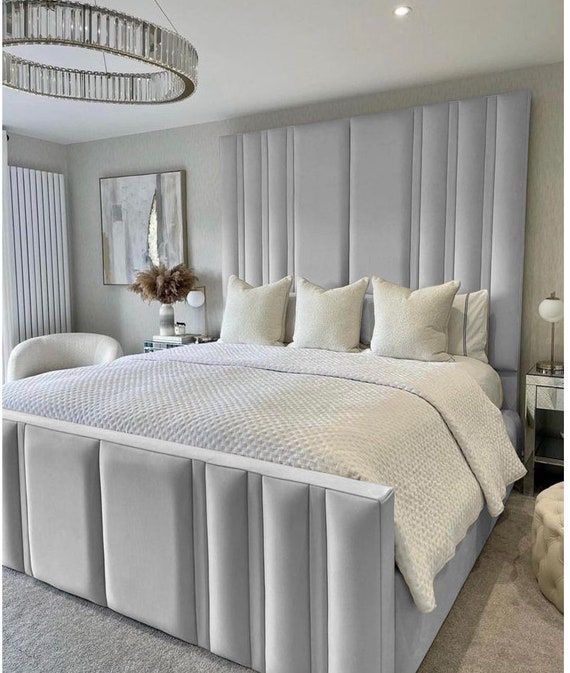 Soft Plush High Headboard Panel Bed With Gas Lift Storage Ottoman Gas Lift Storage Bed With 80 Inches High Headboard Etsy