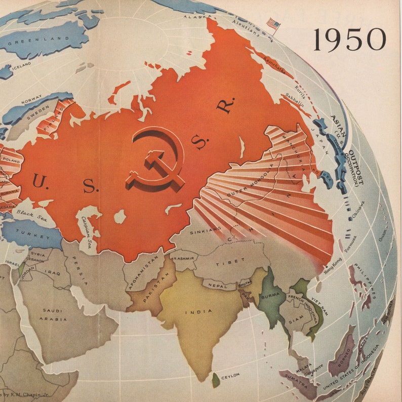 Two Worlds, Cold War Map 1950 Vintage World Map Political Map Vintage Map Art Vintage Map Prints ...