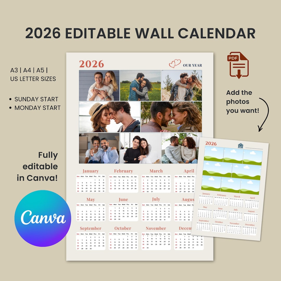 2026 Editable Yearly Calendar | PRINTABLE PDF One Page | A3, A4, Letter ...