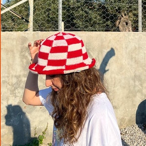Hand Knit Checked Bucket Hat, Crochet Trendy Bucket Hat ,cotton Summer ...