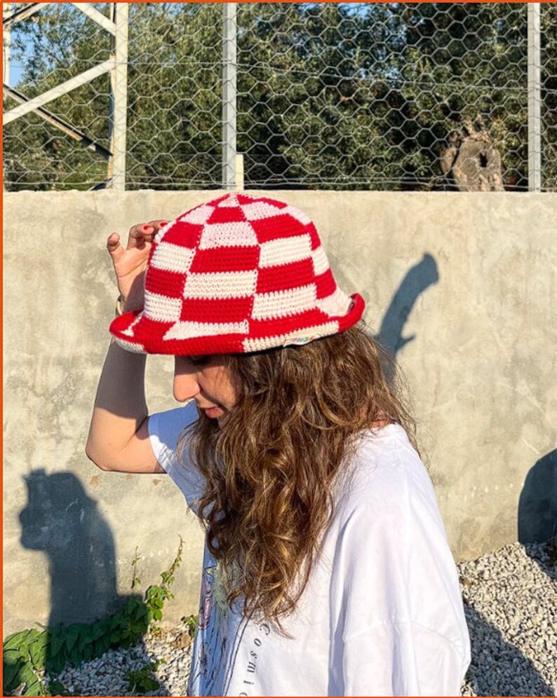Hand Knit Checked Bucket Hat, Crochet Trendy Bucket Hat ,cotton Summer ...