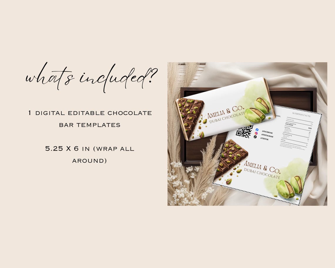 Dubai Chocolate Bar Wrapper Printable Dubai Candy Bar Label Pistachio ...