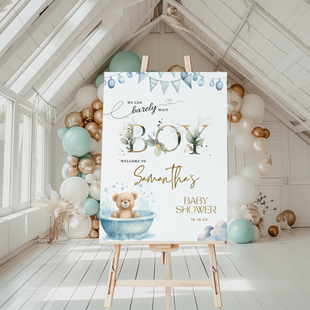 Editable Teddy Bear Baby Shower Sign, Blue Baby Shower Poster, Instant ...