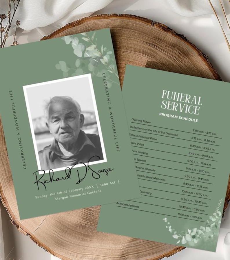 Sage Greenery Funeral Program Template Simple Funeral Memorial Program ...
