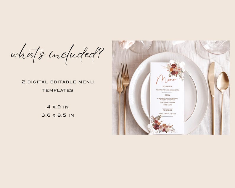 Editable Fall Menu Template, Bridal Shower Baby Shower Wedding Dinner Menu Template, Burnt ...