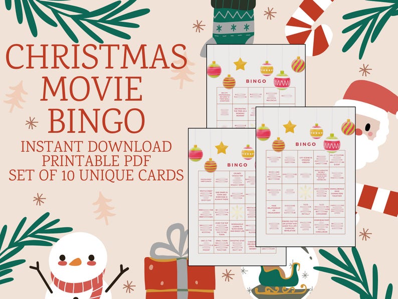 Holiday Movie Bingo Game - 10 Printable Christmas Bingo Cards for ...