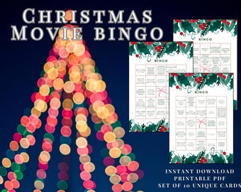 Holiday Movie Bingo Game - 10 Printable Christmas Bingo Cards for ...
