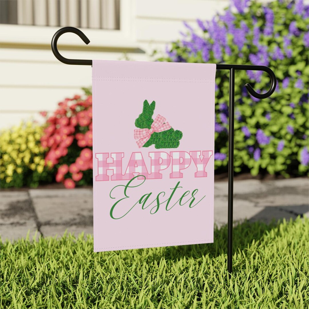 Personalized Easter Topiary Bunny Flag - Pink Happy Easter Garden Flag ...