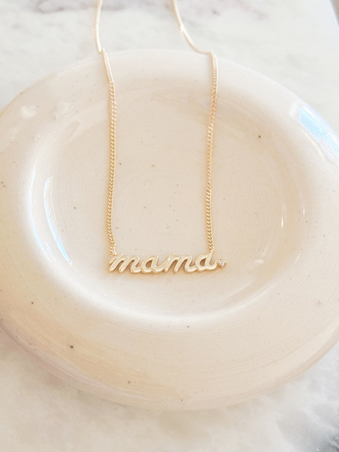 Gold Mama Pendant, Script Bubble With Diamond Stud, 14K Gold Over 925 ...