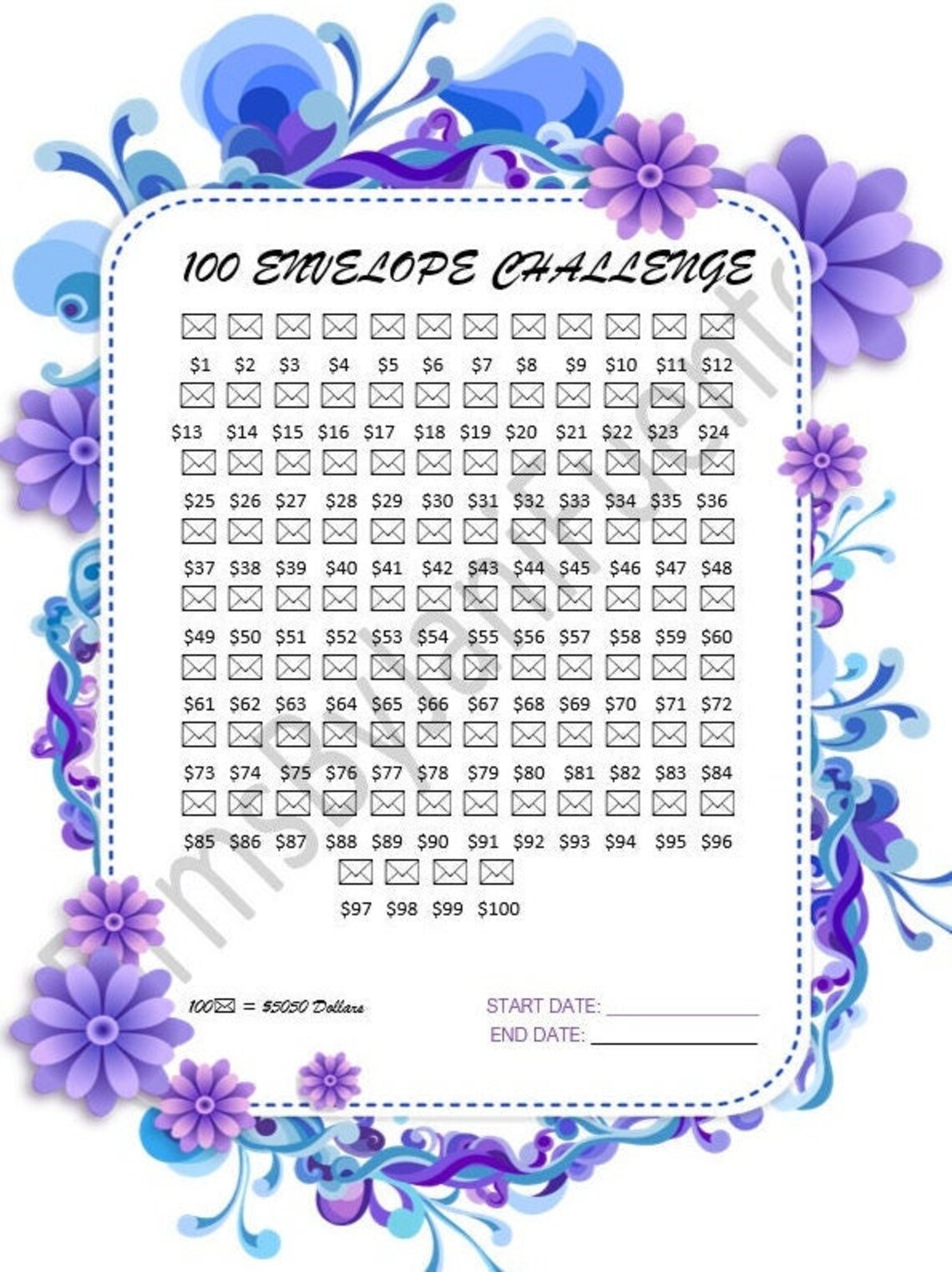 100 Envelope Challenge Pdf Template - Etsy