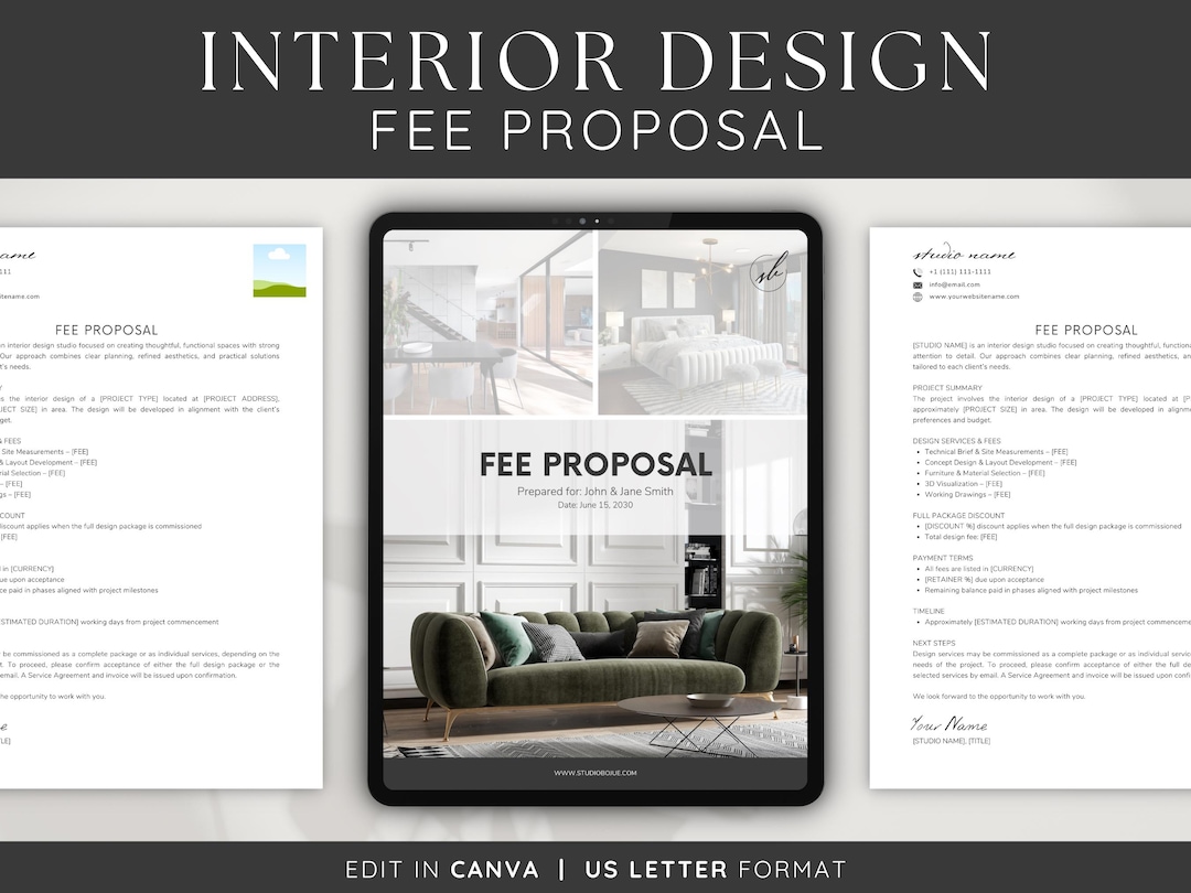 Interior Design Fee Proposal Template: Editable Canva Template (letter ...