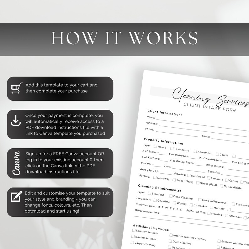Cleaning Services Client Intake Form, Canva Template, Editable Client ...