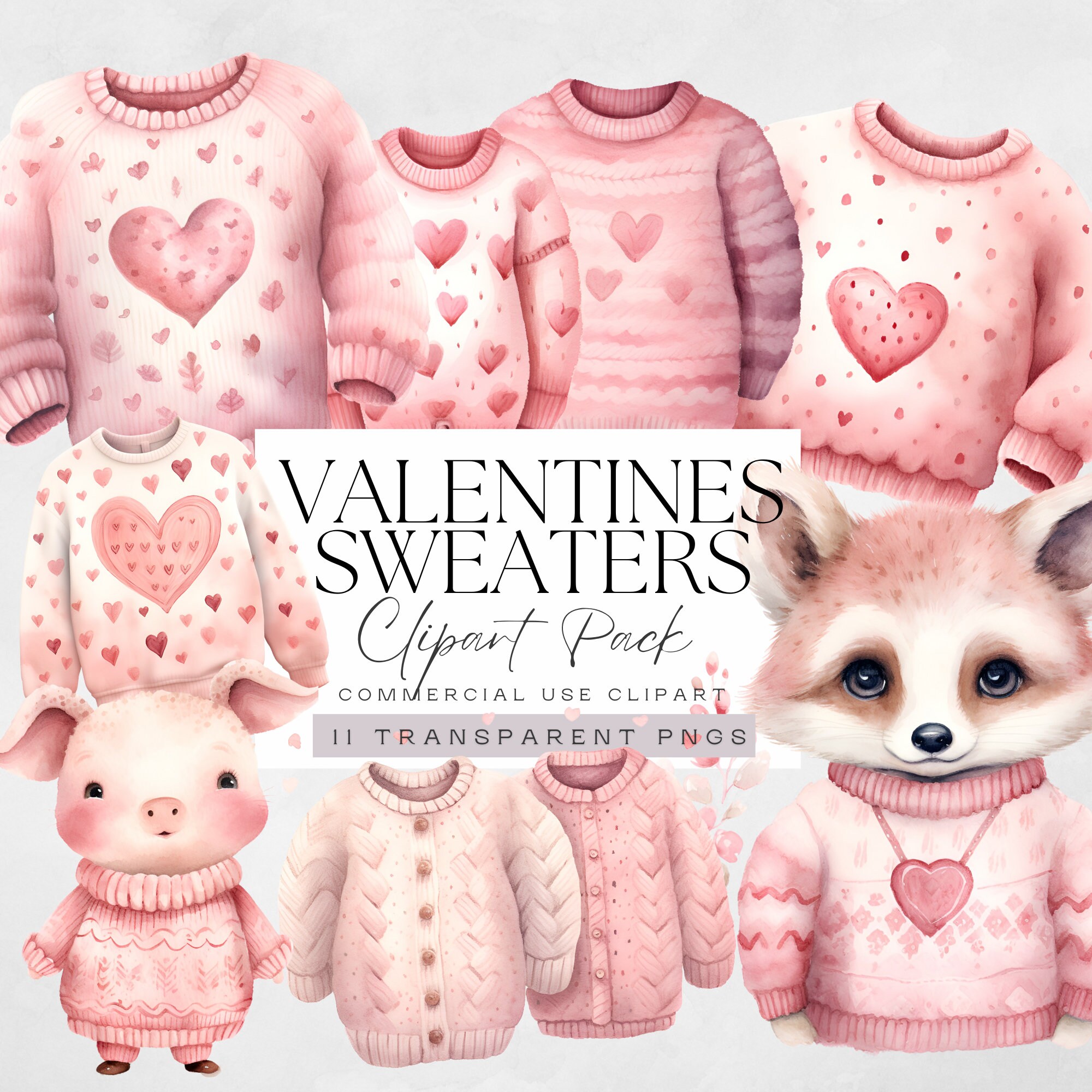 Valentines Day Sweater Clipart, Pink Jumper Clip Art, Cute Animals in ...