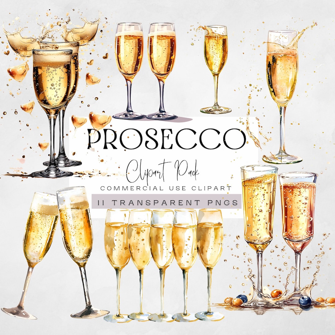 Prosecco Clipart, Champagne Glasses, Watercolor Wedding Fizz Graphics ...