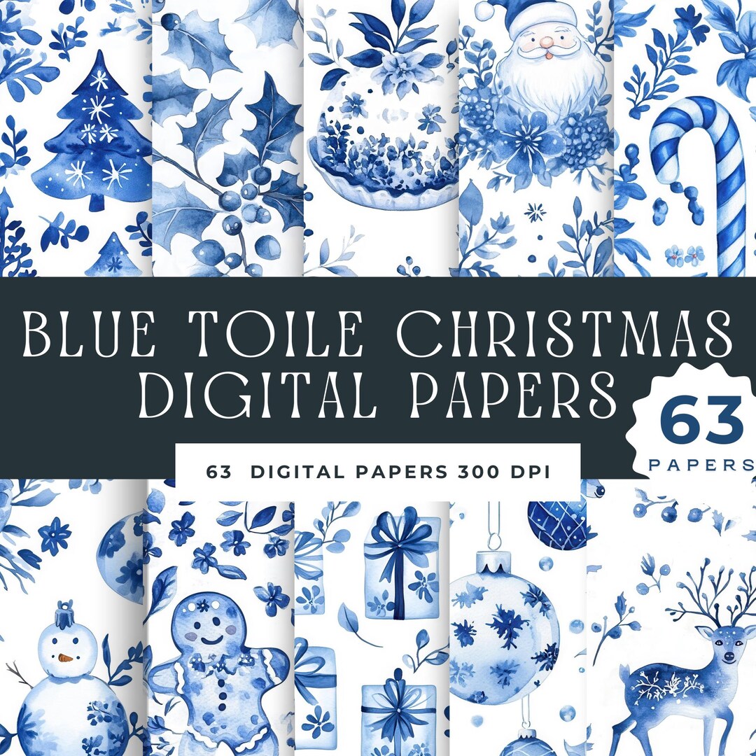 Christmas Toile Digital Paper, French Blue Chinoiserie Patterns, Winter ...