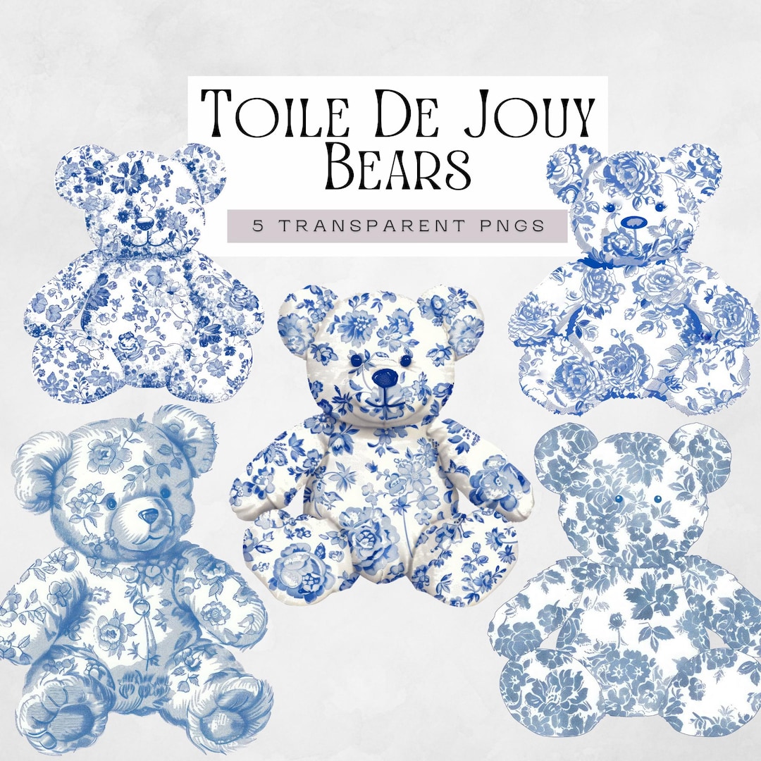 Toile De Jouy Bear Clipart, Baby Blue Floral Chinoiserie Pngs, Cute ...