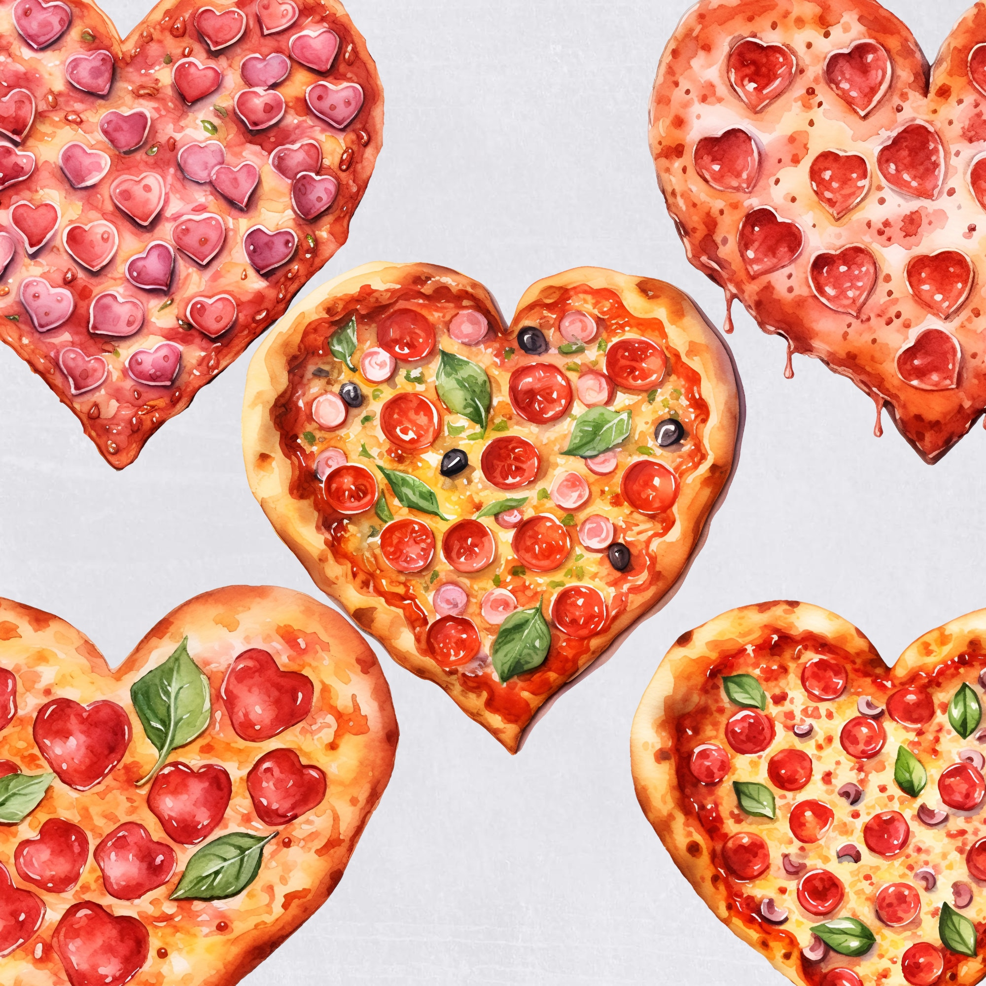 Heart Shaped Pizza Slice Clipart, Pepperoni Pizza Lover, Watercolor ...