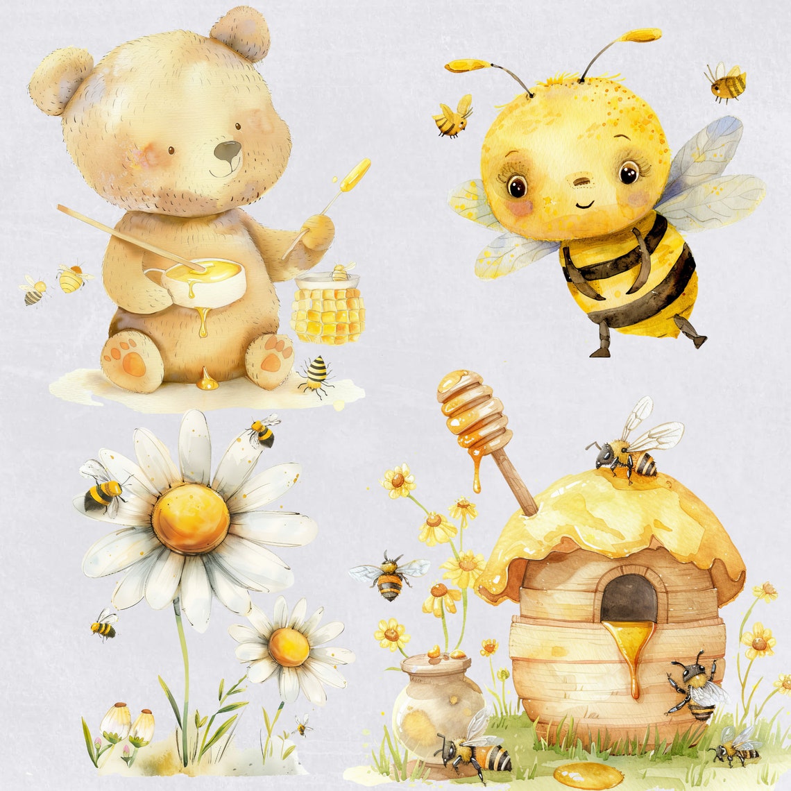 Honey Bear Watercolor Digital Clipart, Bee and Honeypot Clip Art, Paper ...