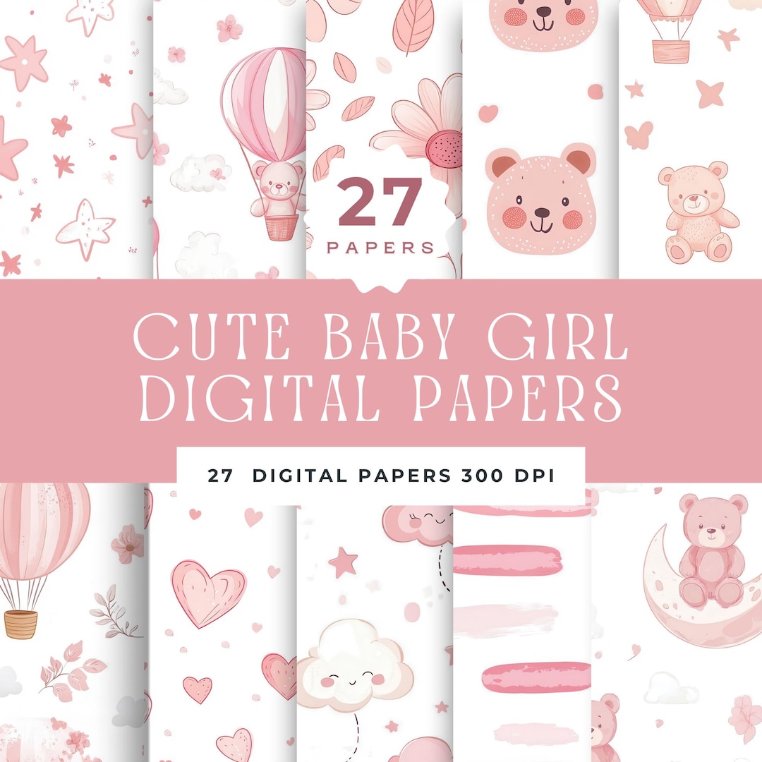 Baby Girl Digital Design Papers, Cute Pink Pastel Flower and Teddy ...