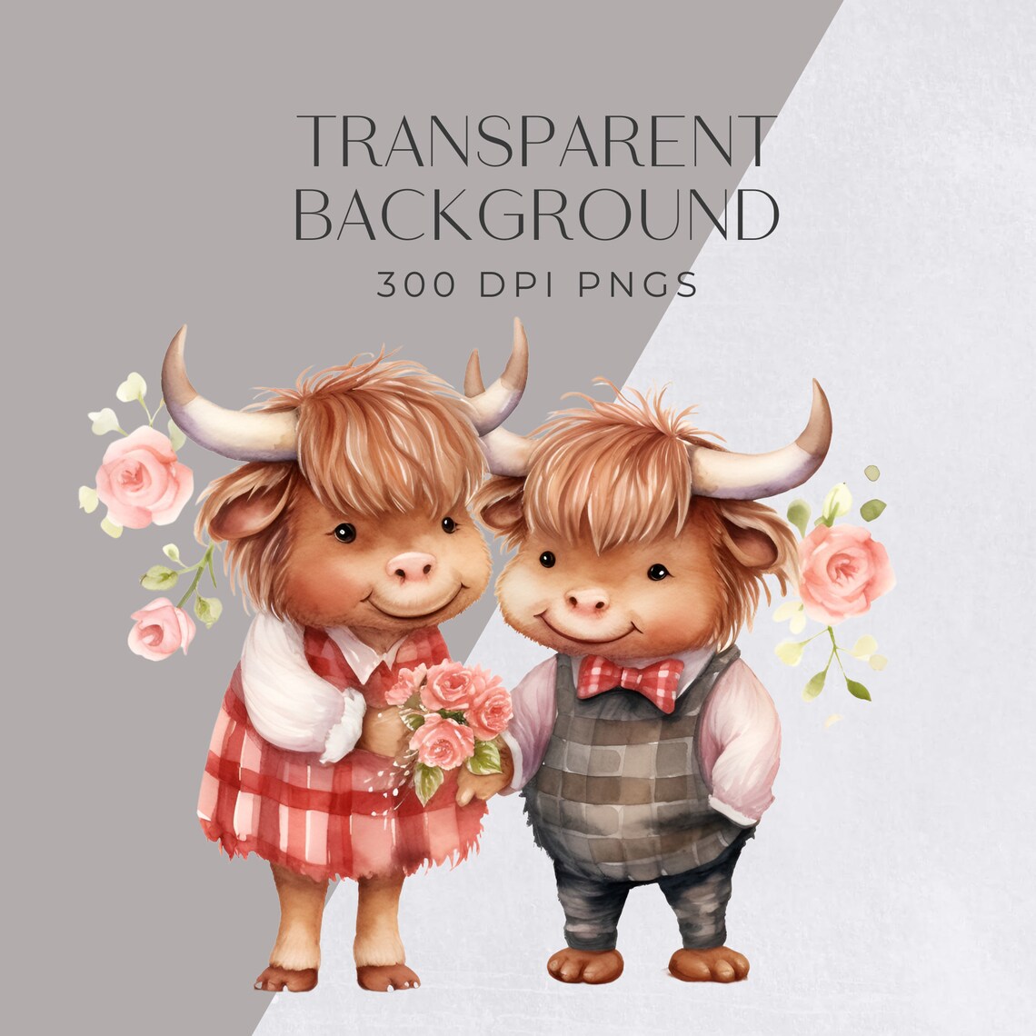 Highland Cow Valentine Clipart, Animal Couple Dancing Clip Art, Love ...