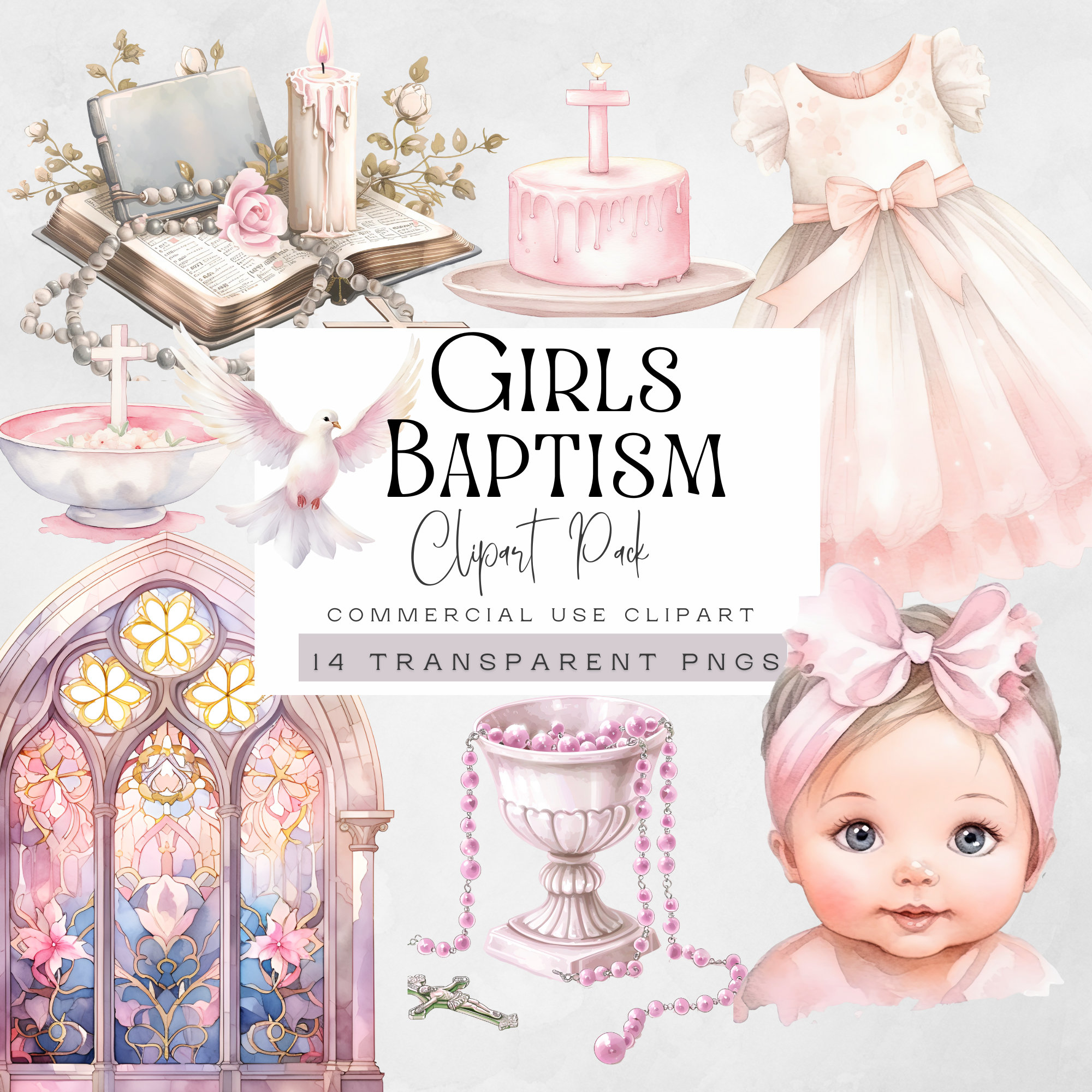 Girls Baptism Clipart, Pastel Pink Baby Clip Art, Watercolor ...