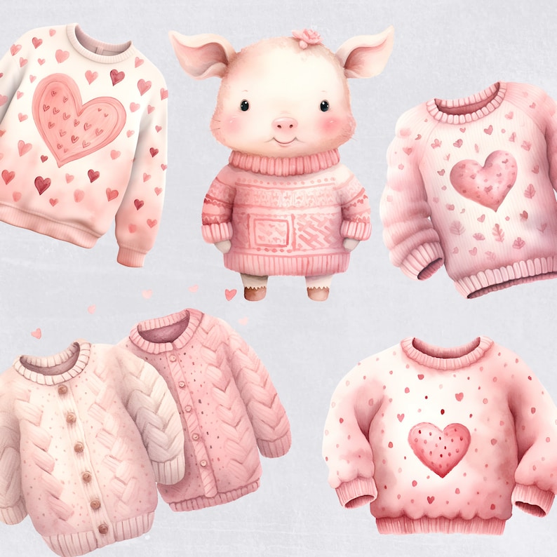 Valentines Day Sweater Clipart, Pink Jumper Clip Art, Cute Animals in ...