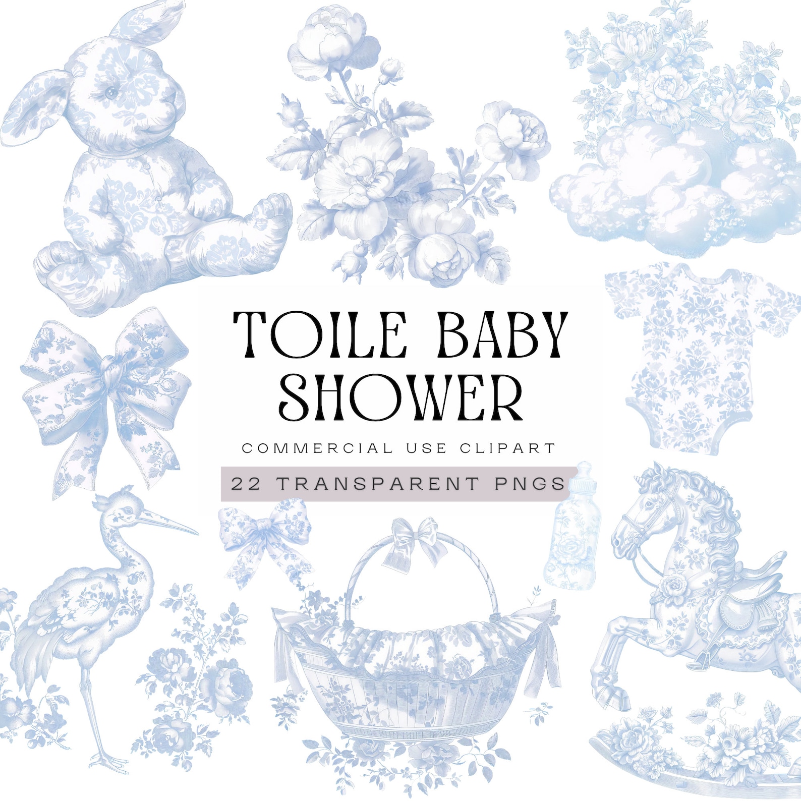 Toile Baby Shower Clipart, Light Blue Chinoiserie Pngs, Watercolor Baby ...