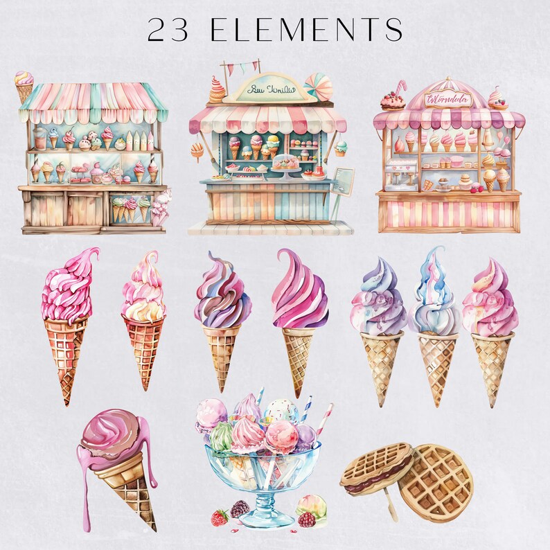 Ice Cream Shop Clipart, Watercolor Summer Clip Art, Icecream Cones ...
