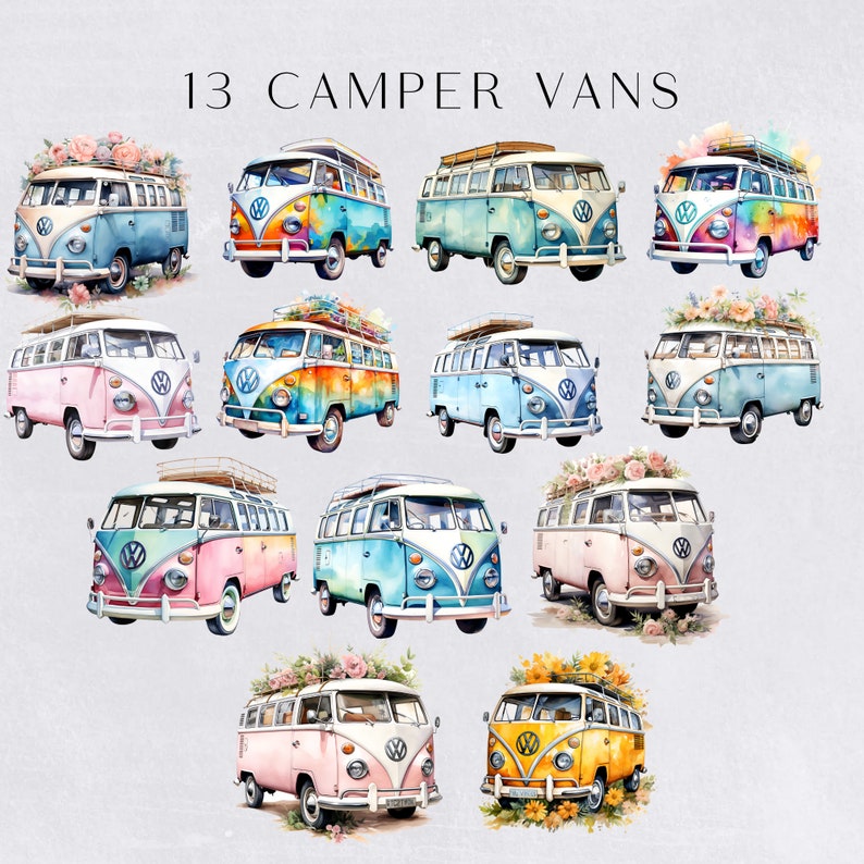 VW Van Clipart, Happer Camper Clip Art, Watercolor Campervan Graphics ...