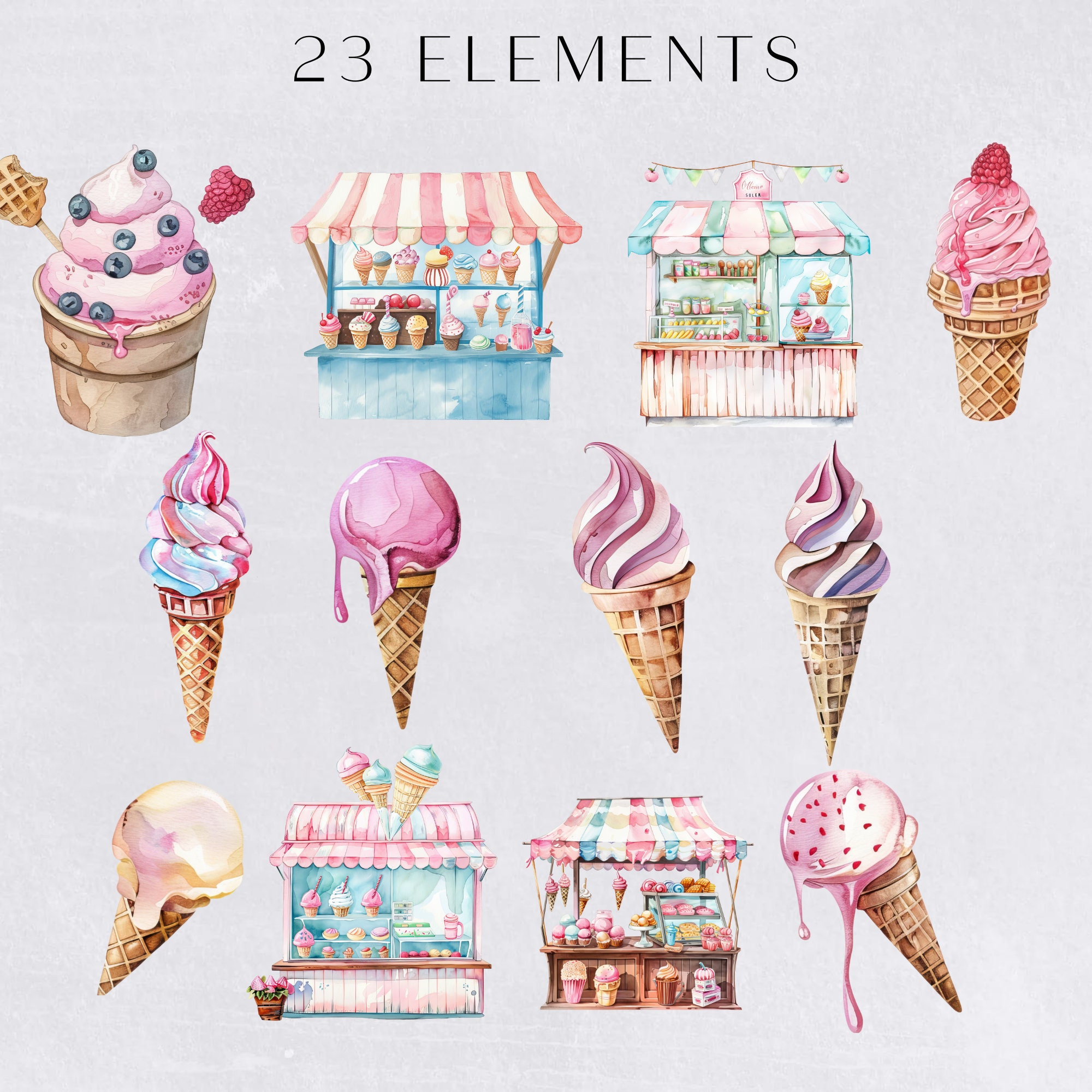 Ice Cream Shop Clipart, Watercolor Summer Clip Art, Icecream Cones ...