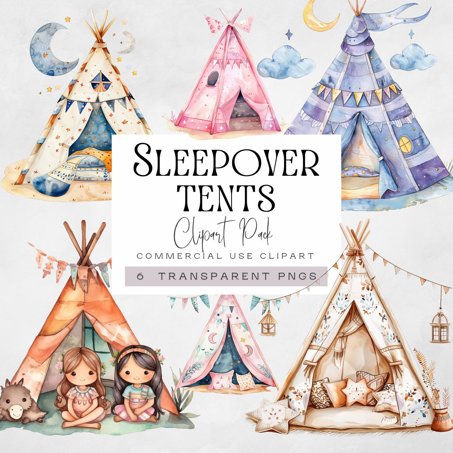 Sleepover Clipart, Cute Sleepover Tents, Glamping Clip Art, Campout ...