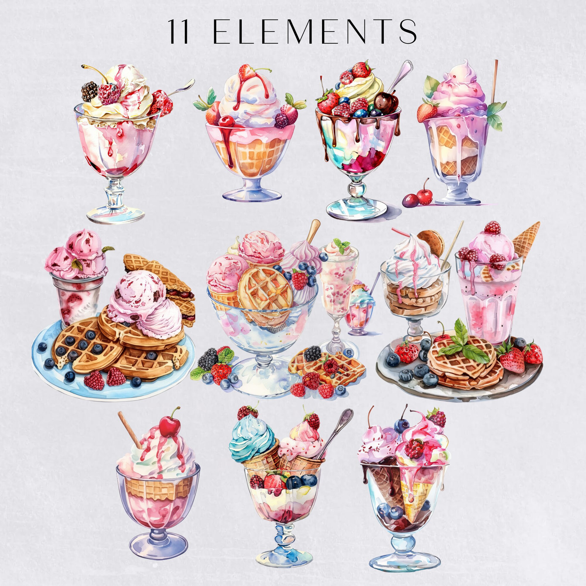 Ice Cream Sundae Clipart, Cones and Sundaes Graphics, Watercolor Summer ...