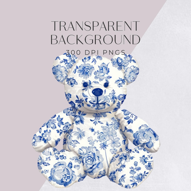 Toile De Jouy Bear Clipart, Baby Blue Floral Chinoiserie Pngs, Cute ...