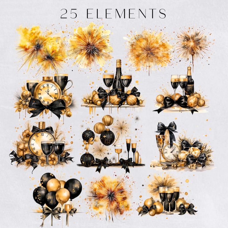 New Year Black and Gold Clipart, Happy New Year 2024 Clipart, 2024 ...