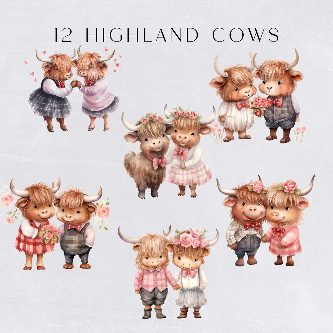 Highland Cow Valentine Clipart, Animal Couple Dancing Clip Art, Love ...