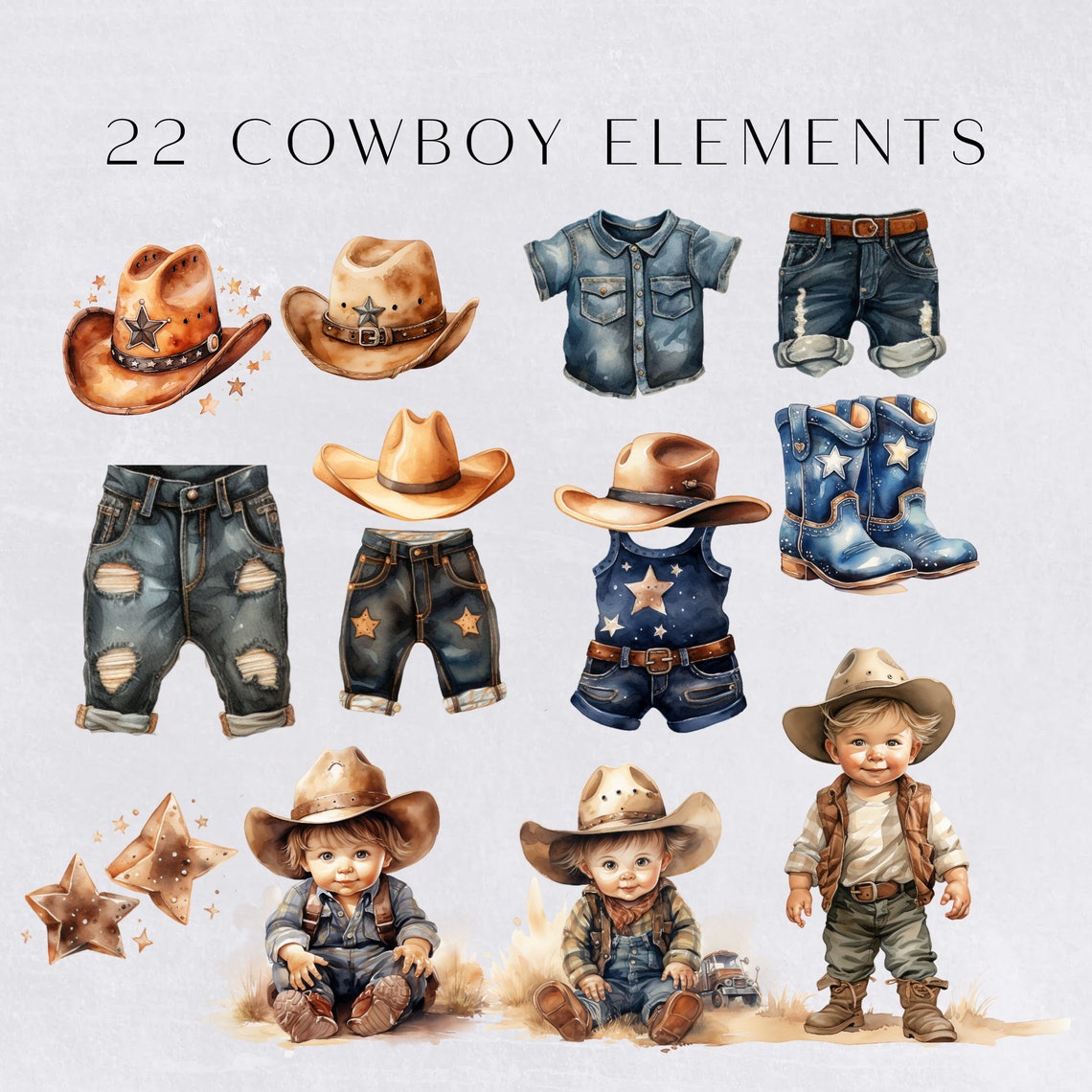 Baby Boy Cowboy Clipart, Watercolor Baby Shower, Cute Little Western ...