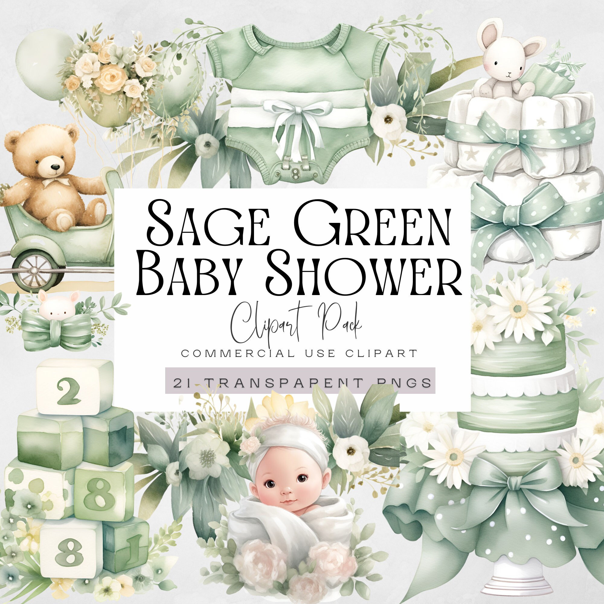 Baby Boy Clipart Sage Green, Gender Neutral Baby Shower Clip Art ...