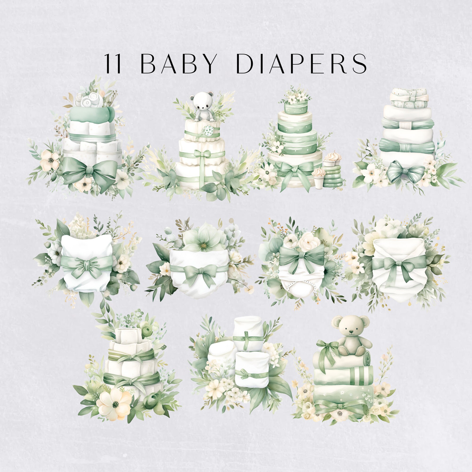 Baby Diaper Clipart, Watercolor Sage Green Baby Shower Clip Art, Nappy ...