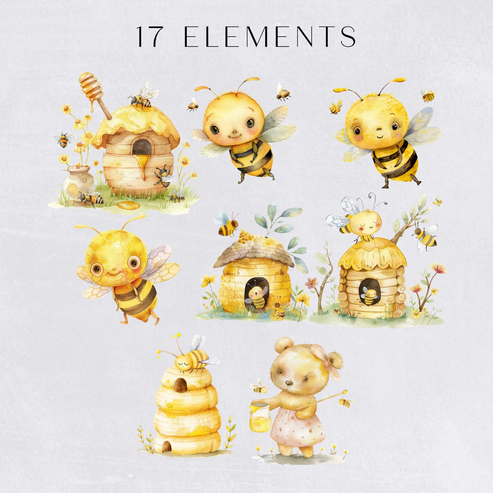 Honey Bear Watercolor Digital Clipart, Bee and Honeypot Clip Art, Paper ...