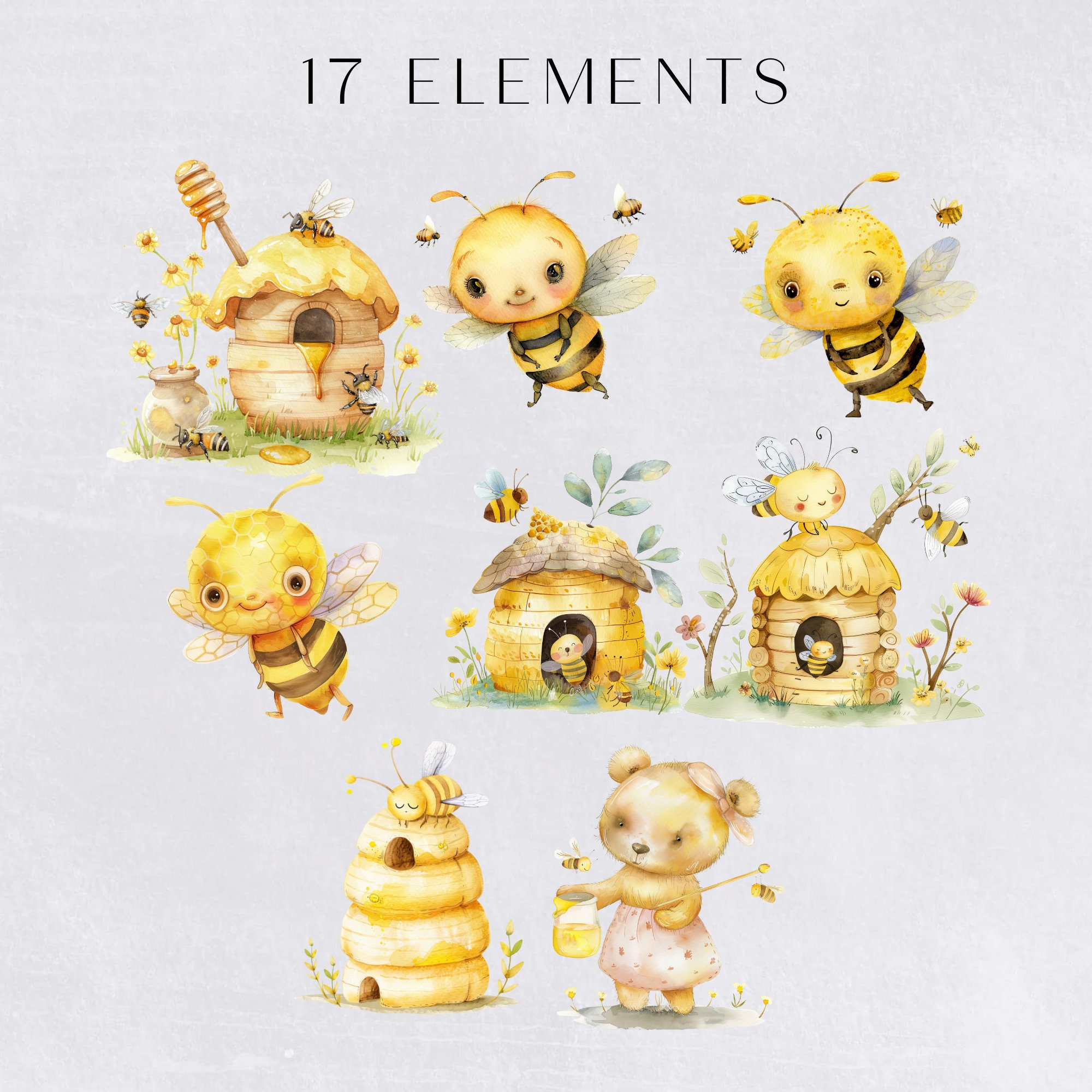 Honey Bear Watercolor Digital Clipart, Bee and Honeypot Clip Art, Paper ...