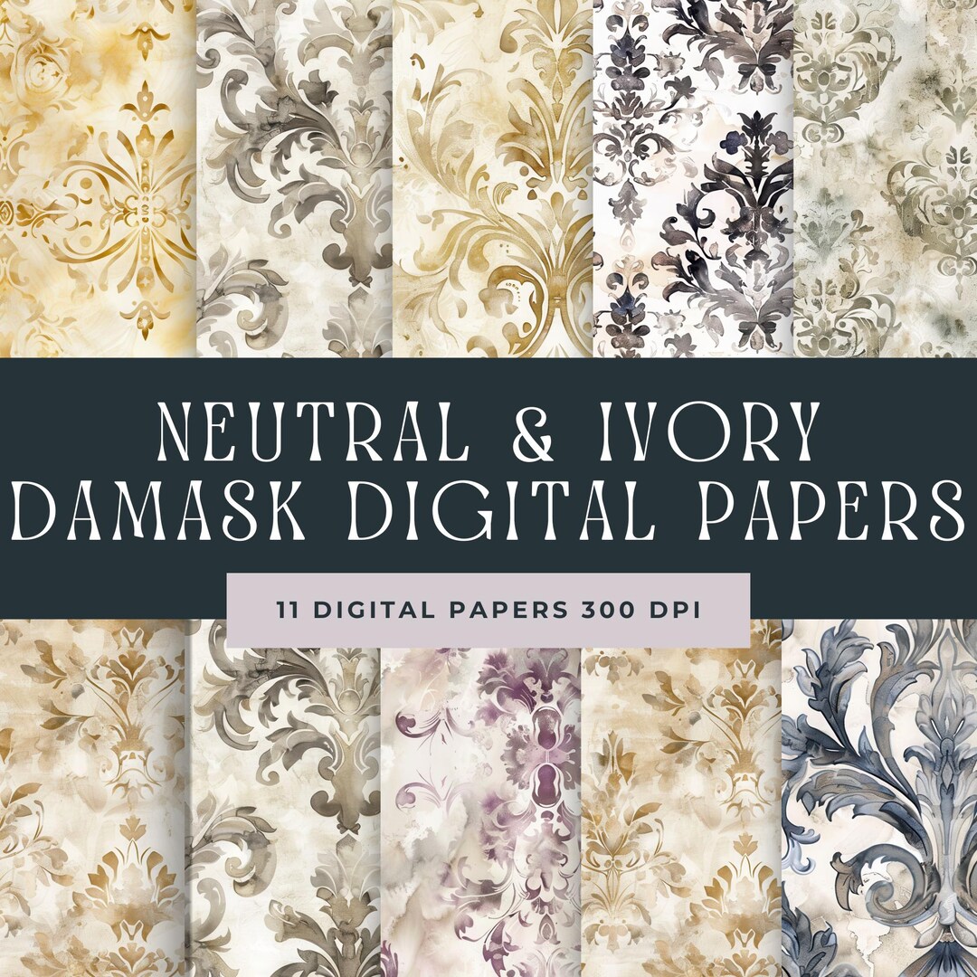 Ivory Damask Paper, Neutral Digital Papers, Scrapbook Grunge Textures ...