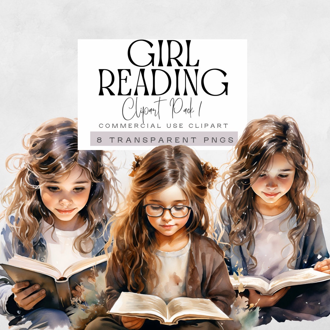 Little Girl Reading Book Clip Art, Library Girl Clipart, Watercolor ...