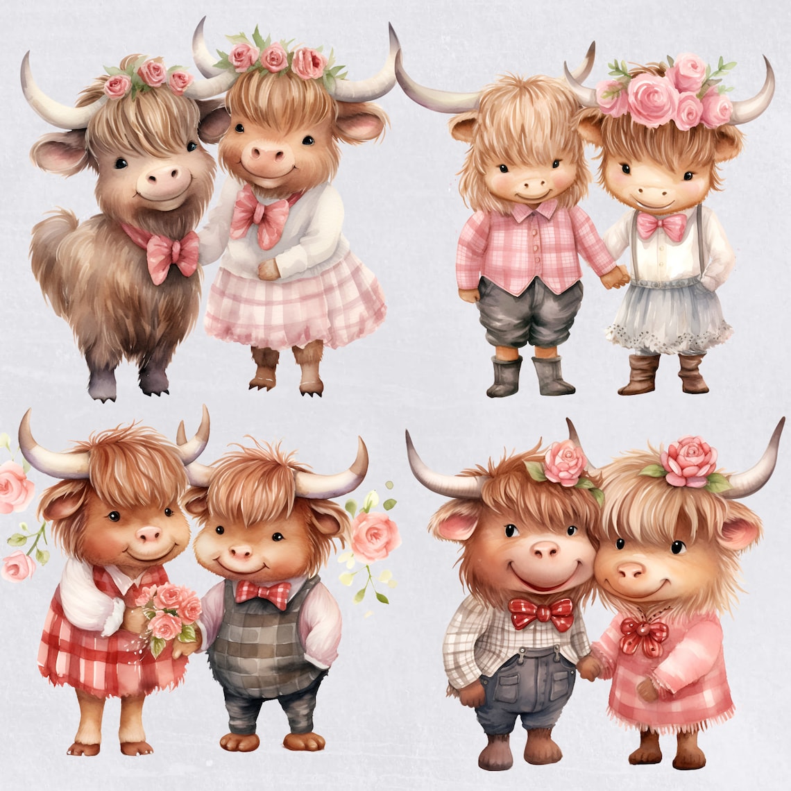 Highland Cow Valentine Clipart, Animal Couple Dancing Clip Art, Love ...