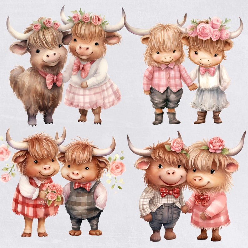 Highland Cow Valentine Clipart, Animal Couple Dancing Clip Art, Love ...