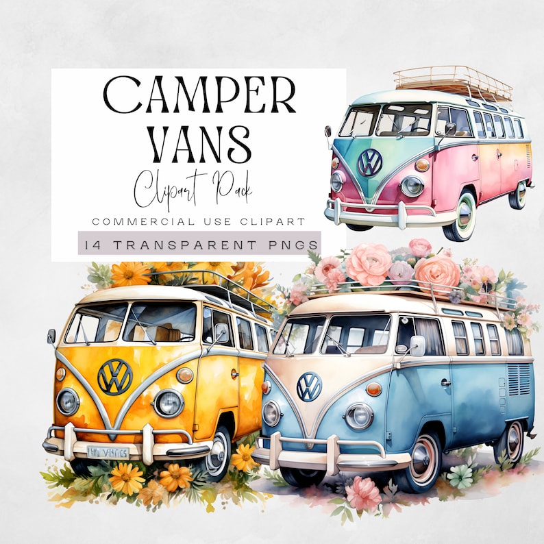 VW Van Clipart, Happer Camper Clip Art, Watercolor Campervan Graphics, Groovy Hippie Life ...