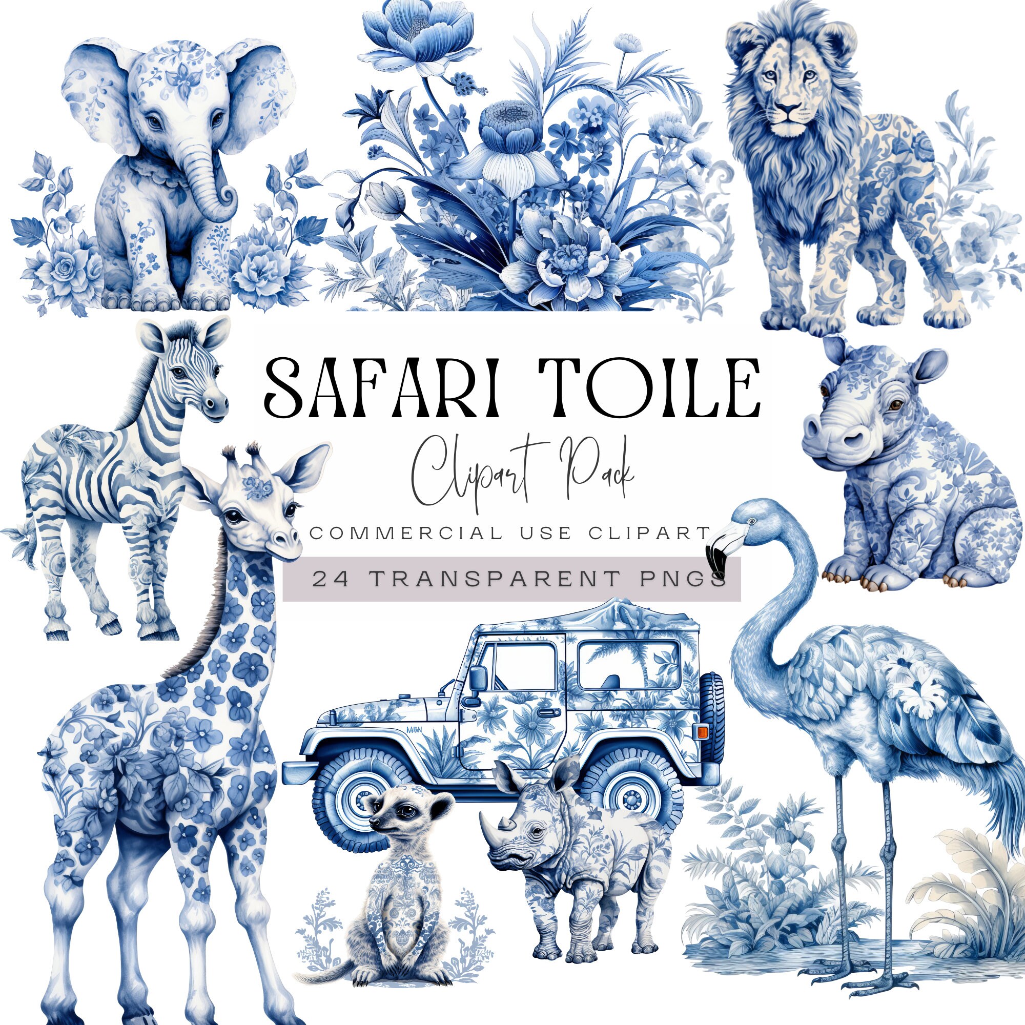 Safari Toile Baby Shower Clipart, Watercolor Chinoiserie Jungle Animals ...