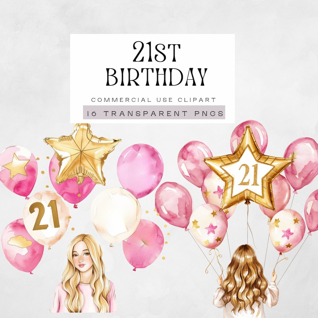 21st Birthday for a Girl Png, Pink and Gold Number Balloons Clip Art ...