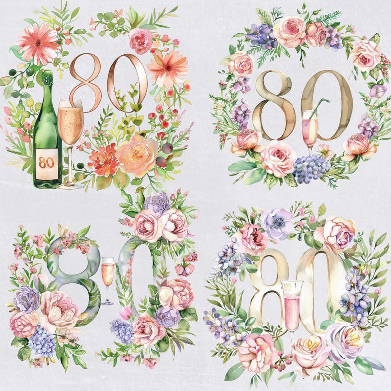 80 Years Birthday Png, Floral 80th Party Clipart, Stepping into My 80th ...