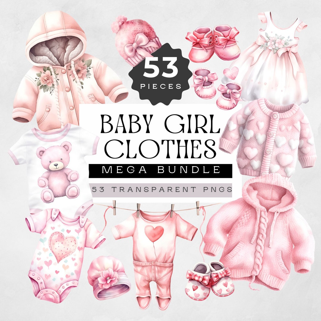 Baby Girl Clothes Clipart, Pink Baby Shower Clip Art, Watercolor ...